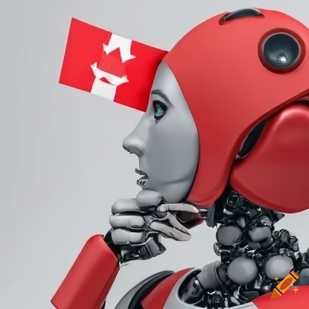 Robot canadian flag pointing at female profile in thought on Craiyon