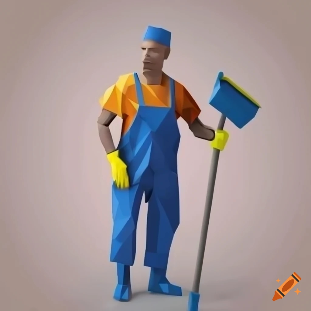 Dedicated janitor working meticulously with a mop in a low-poly 3D ...