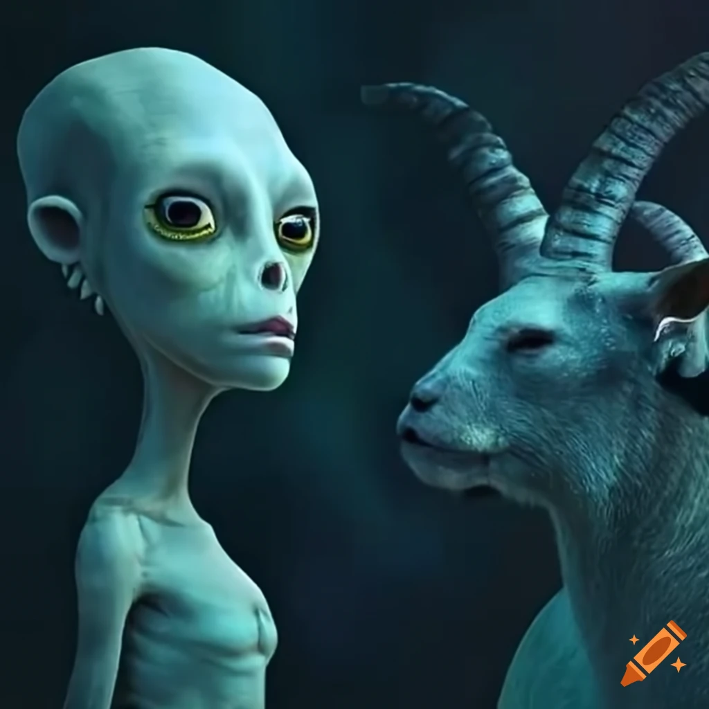 Alien next to a curious goat in a mysterious setting on Craiyon
