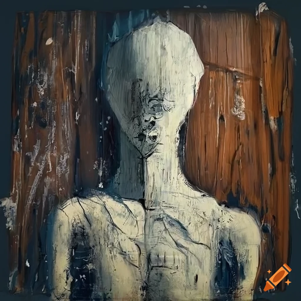 Abstract expressionistic painting of a pale figure in an abandoned ...