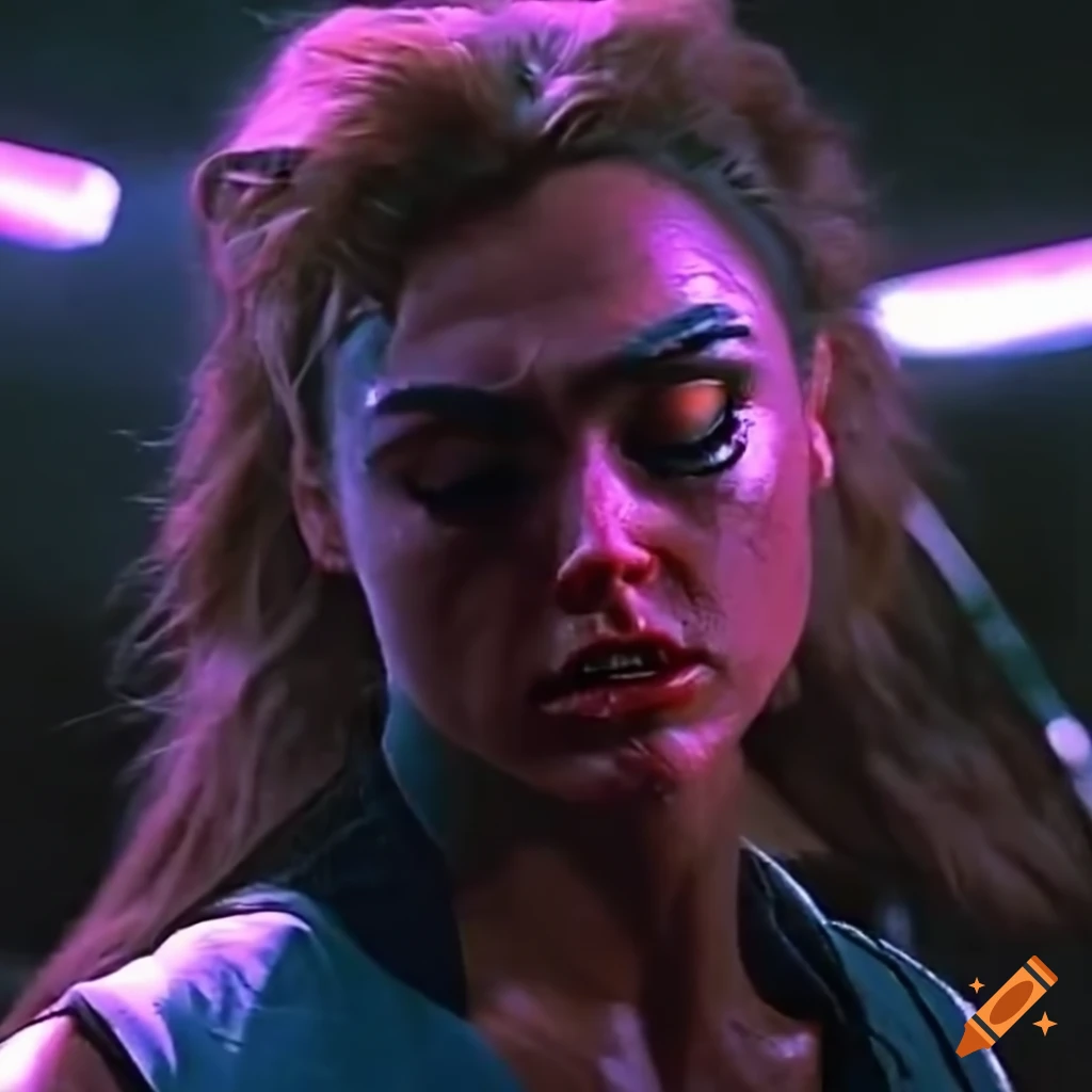 Closeup of disheveled gal gadot female fighter from an 80's movie scene ...