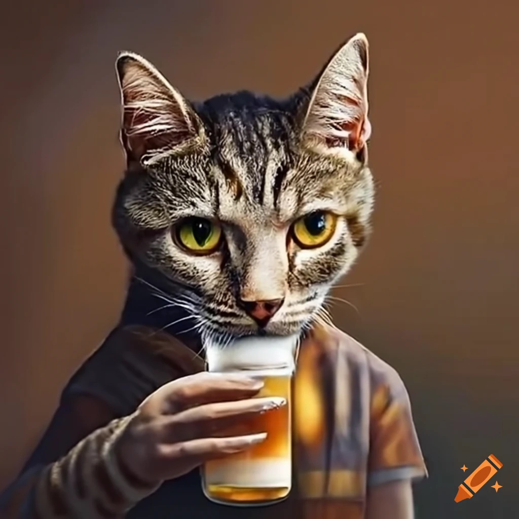 Man drinking a pint of beer with a cat on Craiyon