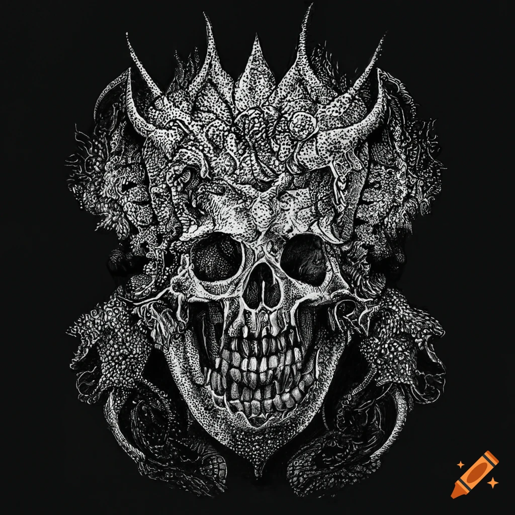 Intricate ink drawing of a dragon skull with stippling technique on Craiyon