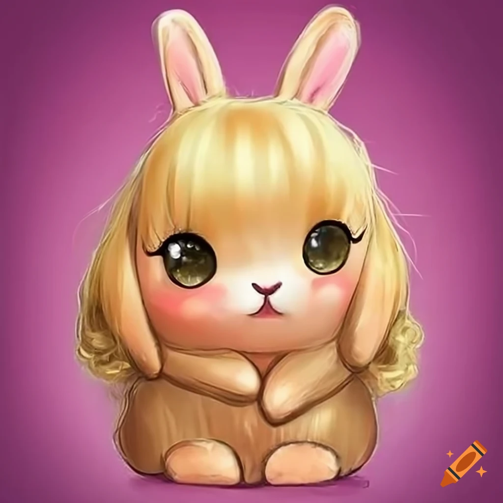 Adorable kawaii bunny rabbit with blonde curly hair and green eyes on ...