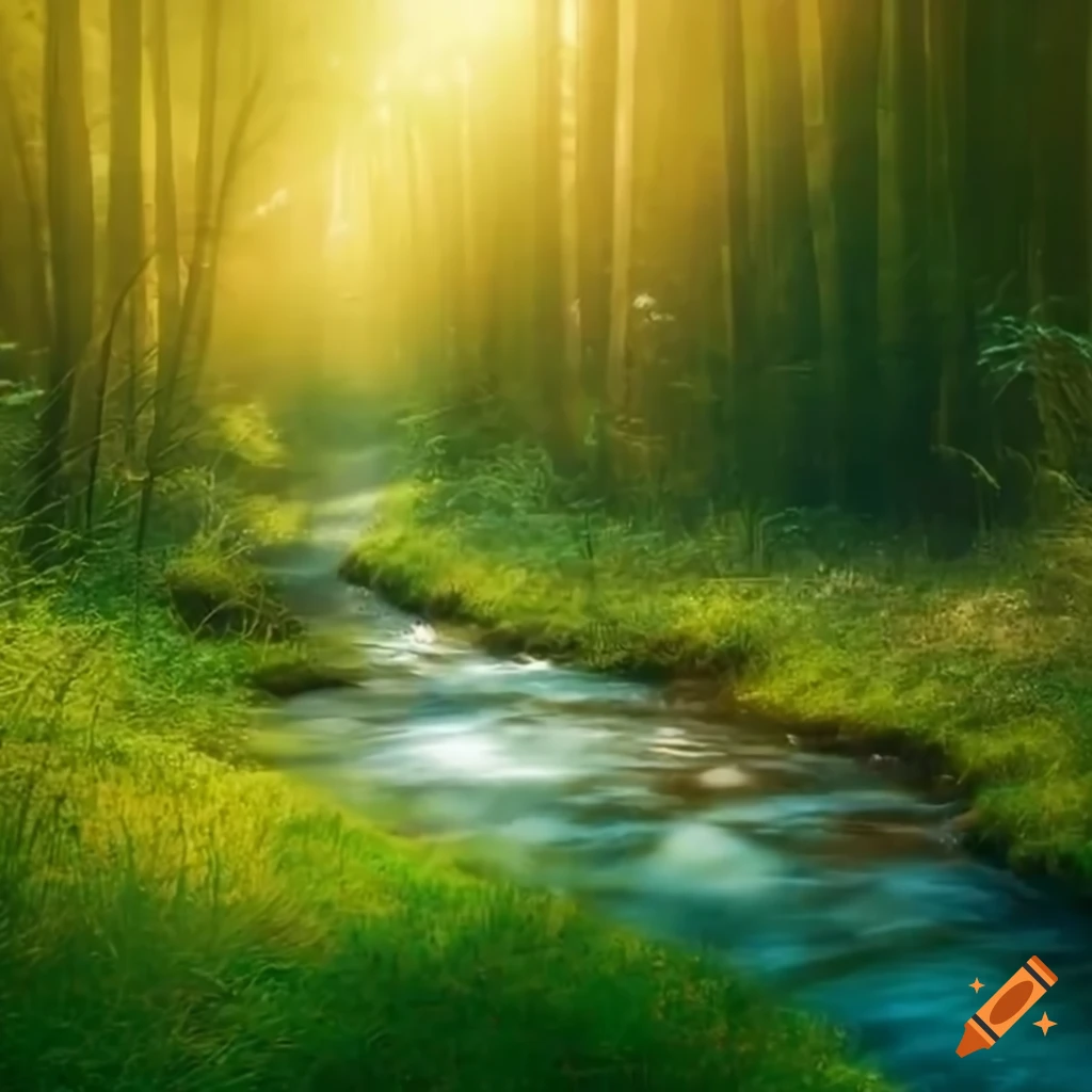 Idyllic flower meadow with a shallow stream and magical forest in the ...