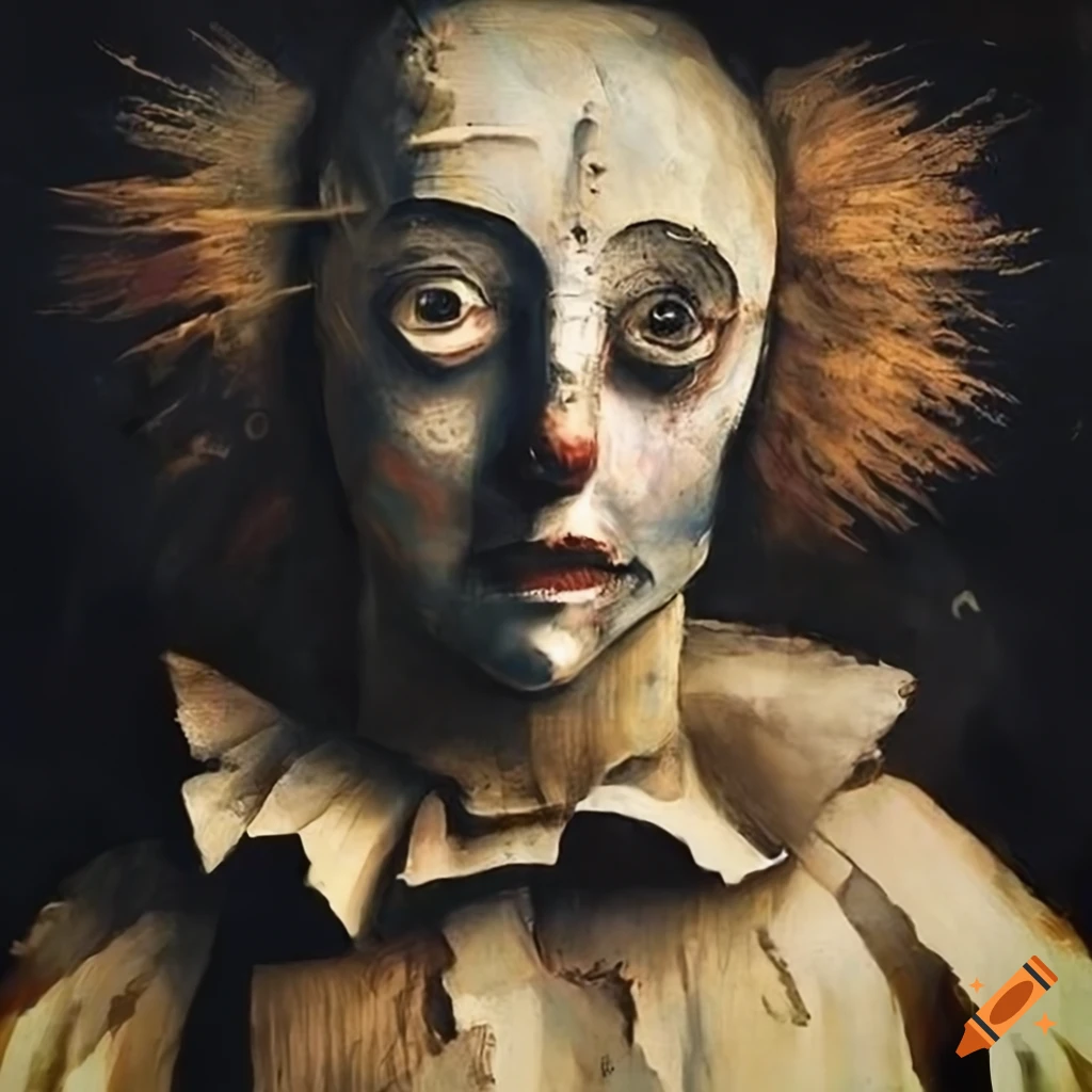 Abstract expressionistic portrait of two pale clowns in a liminal space ...