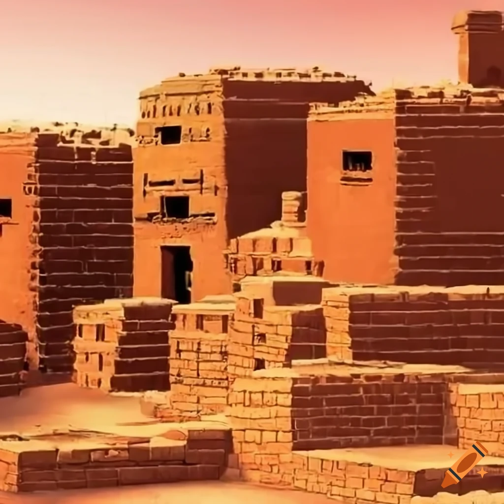 Brick houses with flowing water in ancient indus valley civilization on ...