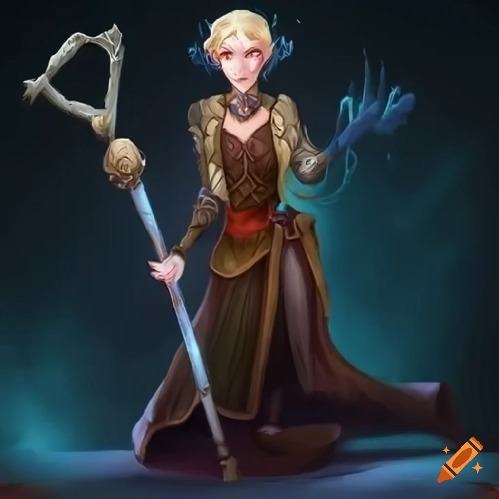 Calm aasimar with blonde hair and red eyes wielding a magical staff in ...
