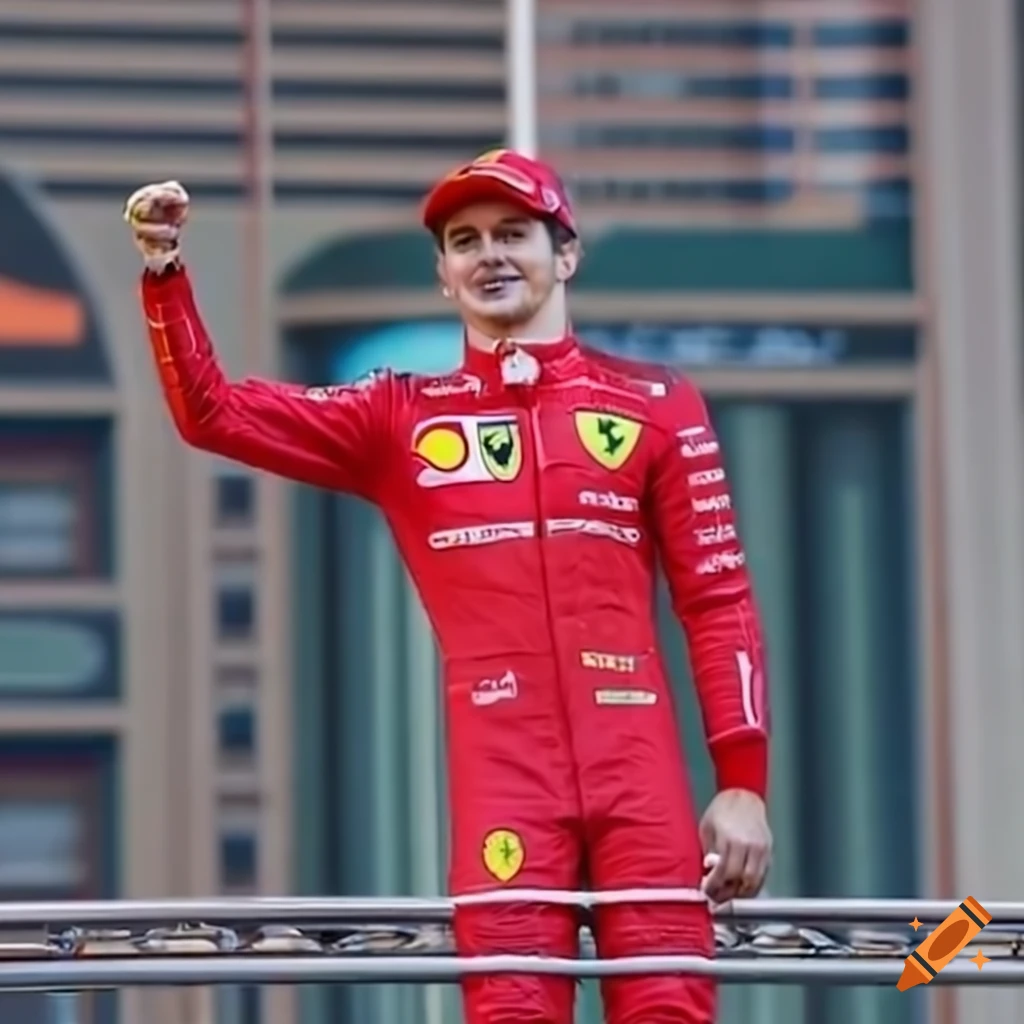 Charles Leclerc celebrating P1 in Monaco Grand Prix next to Ferrari car ...
