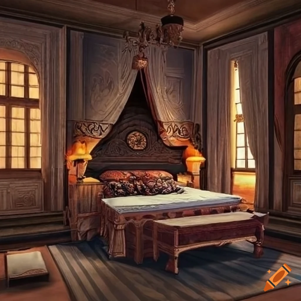 Medieval castle room fit for a queen with a dark tone and large bed on ...
