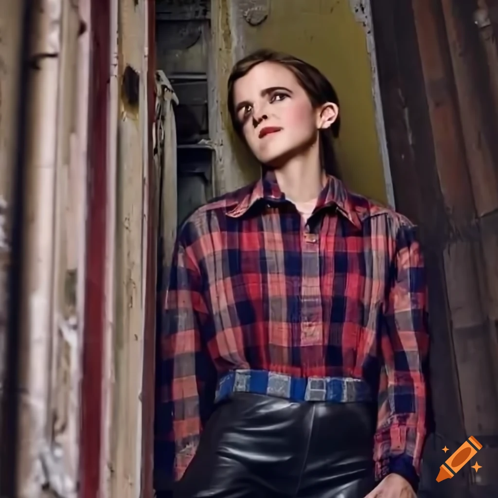 British actress emma watson look-alike in country plaid shirt and black ...