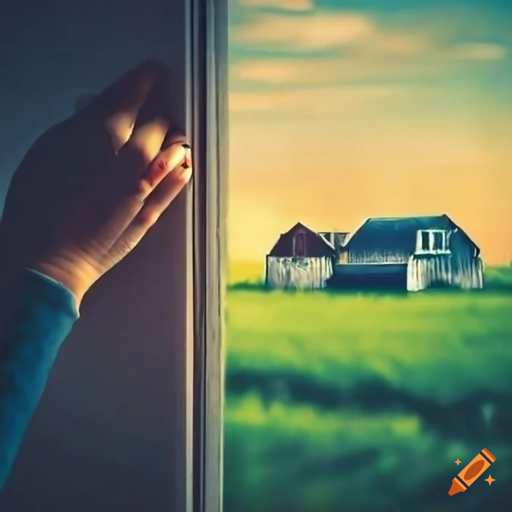 Hand tapping on a window overlooking a farm scene on Craiyon