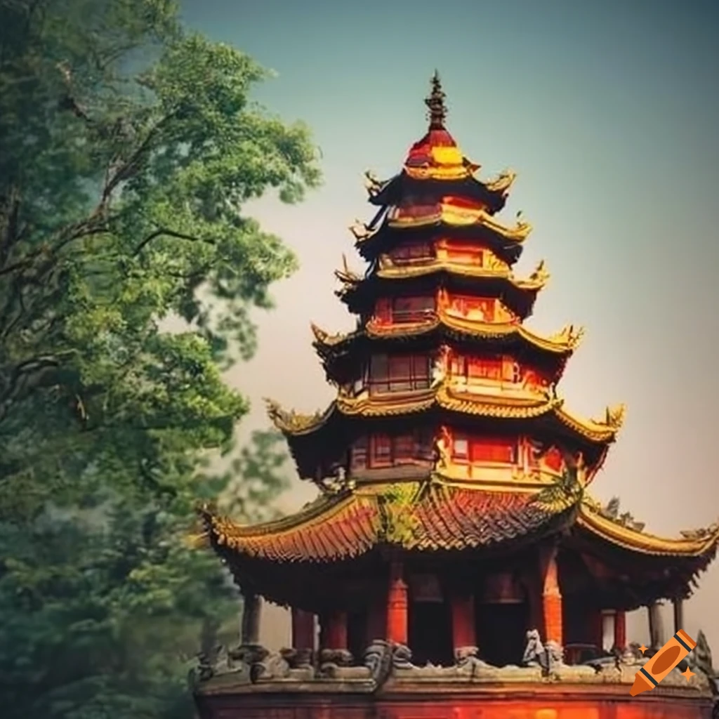 Pagoda with a parrot perched on top on Craiyon