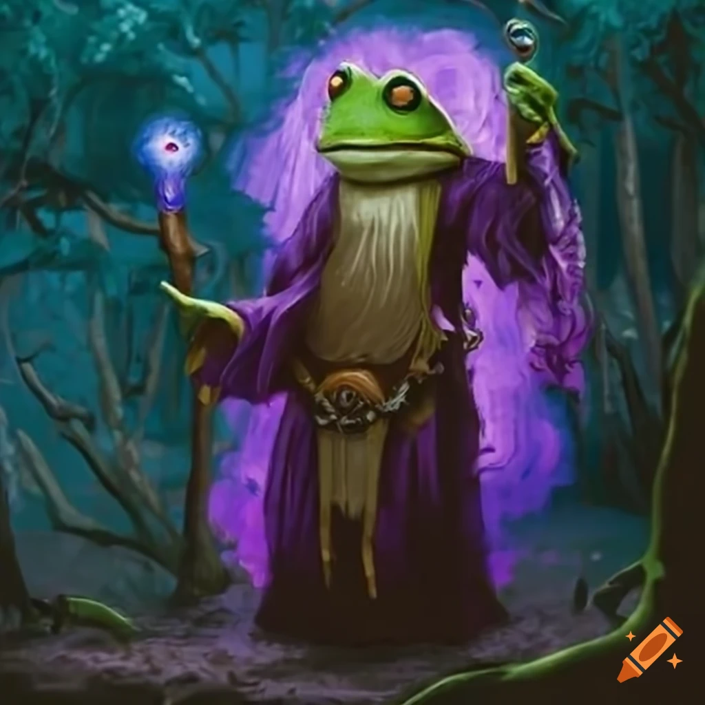 Frog wizard with purple ornamental mantle and magic staff on Craiyon