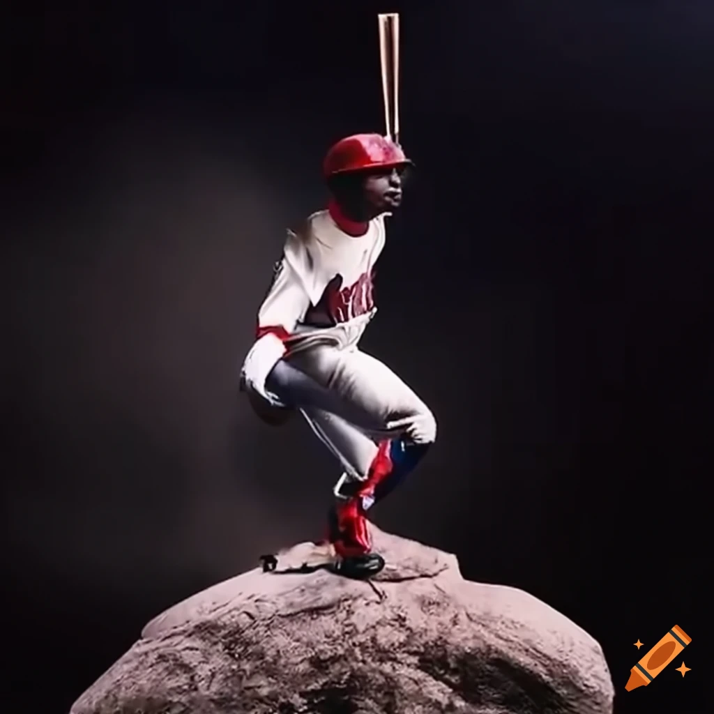 Baseball player lou brock triumphantly standing on a boulder with a bat ...