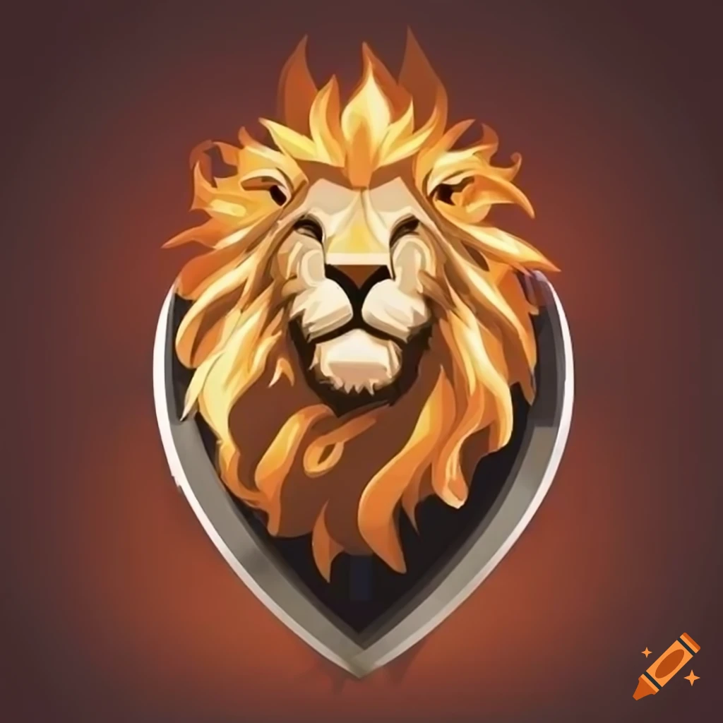 Epic lion and shield logo with fire elements and a sharp edge on Craiyon