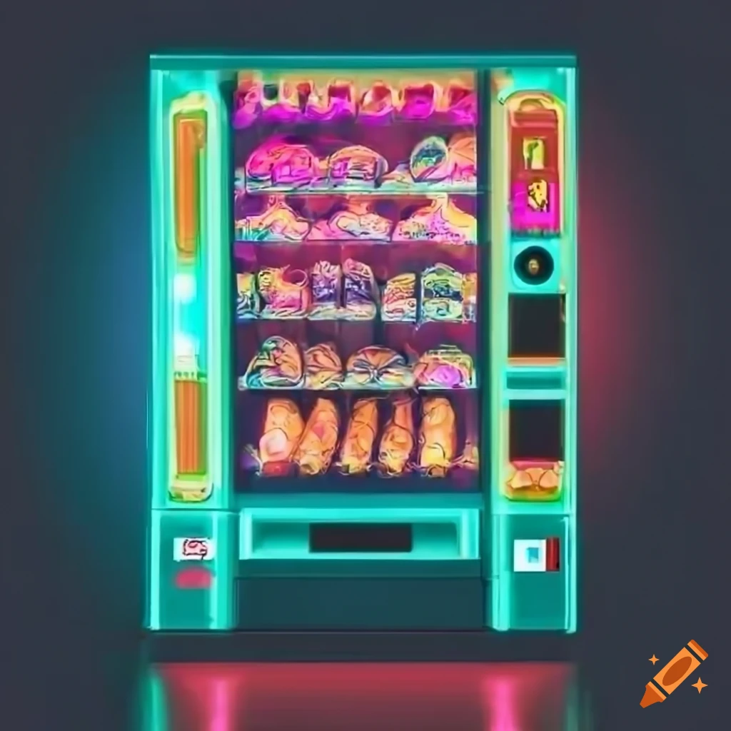 Vending machine filled with fruits and vegetables in a cyberpunk style ...