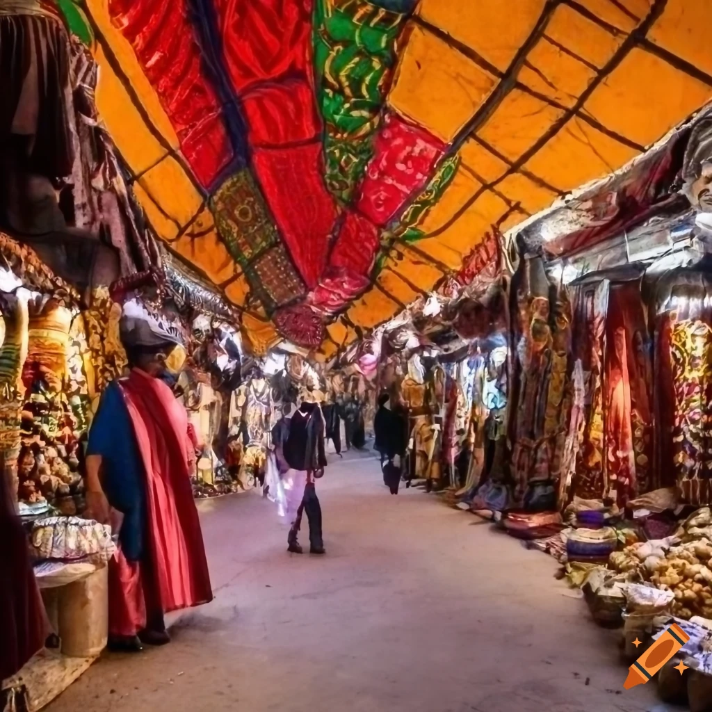 Vibrant scene of Marrakech market with spices, fabrics, and ...