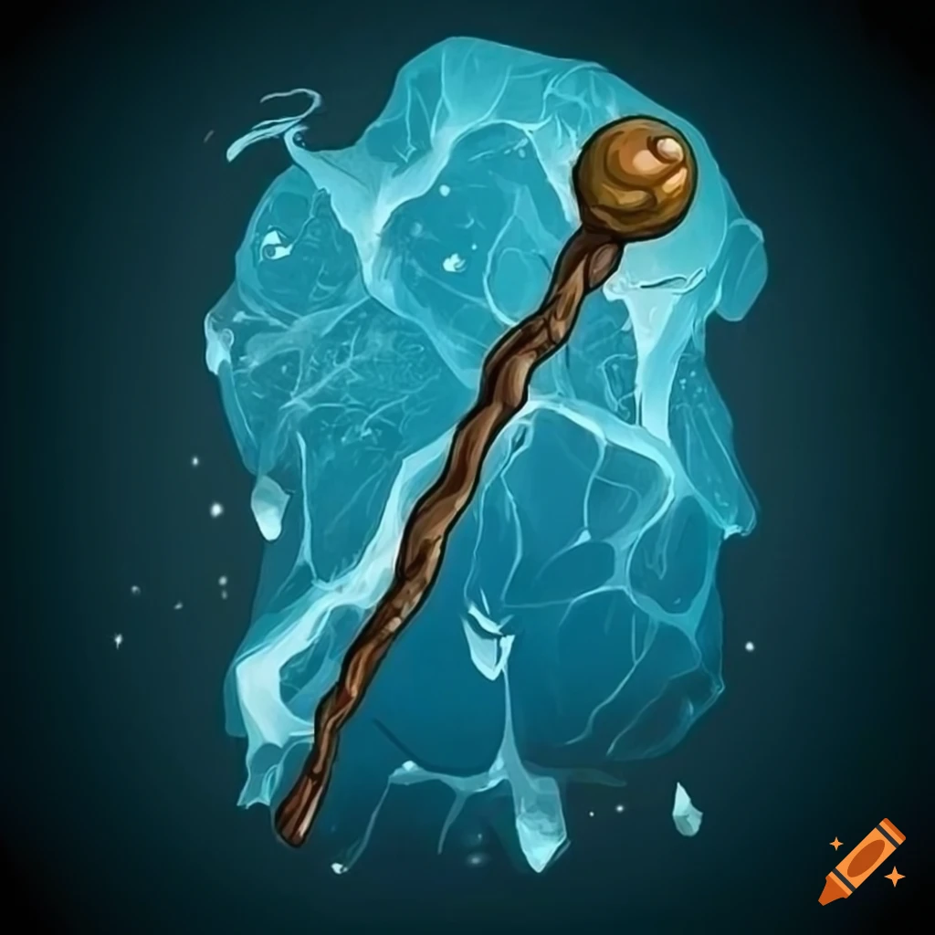 Ice staff surrounded by elvish faces in a magical setting inspired by ...