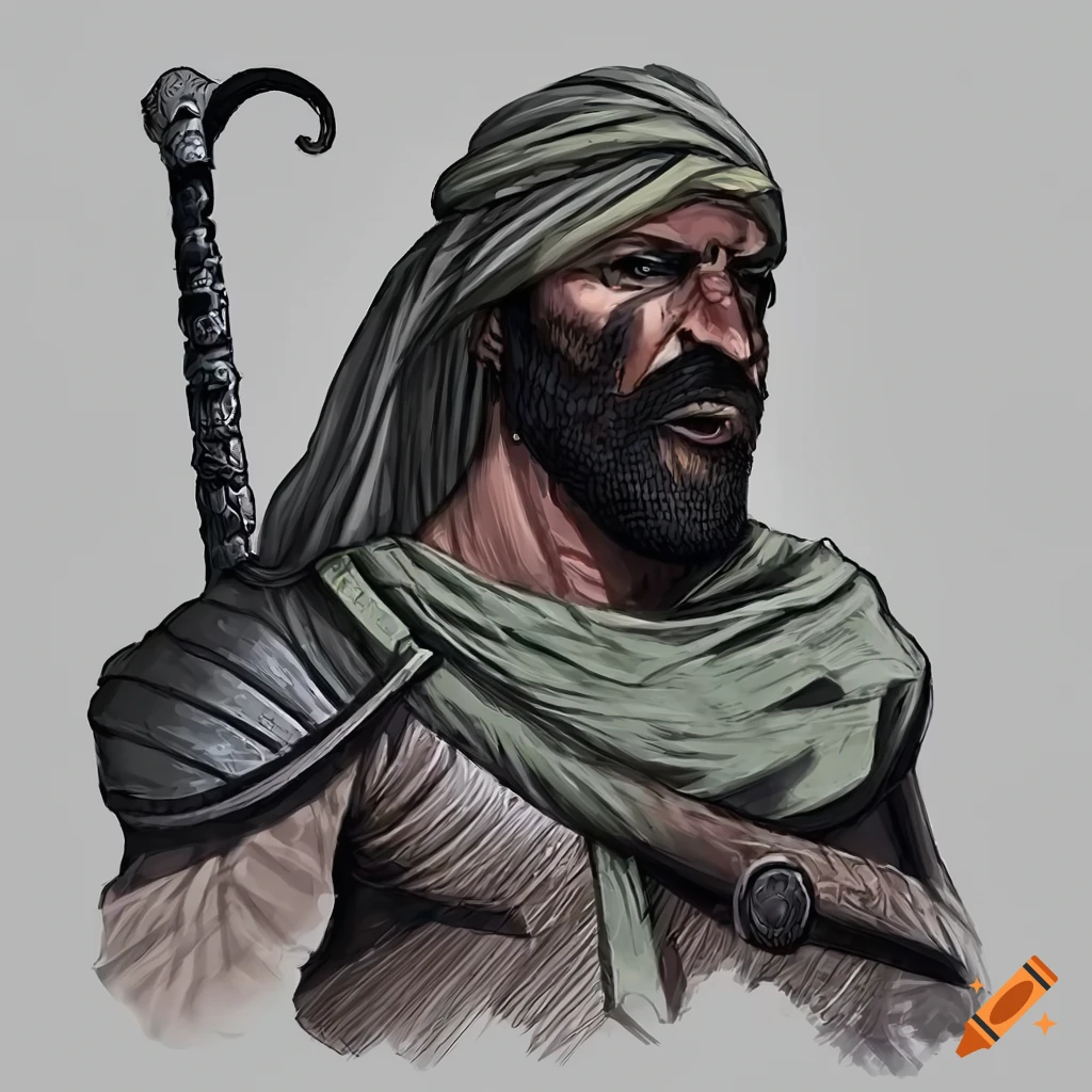 Middle-aged east arabian mercenary with weathered appearance and sharp ...