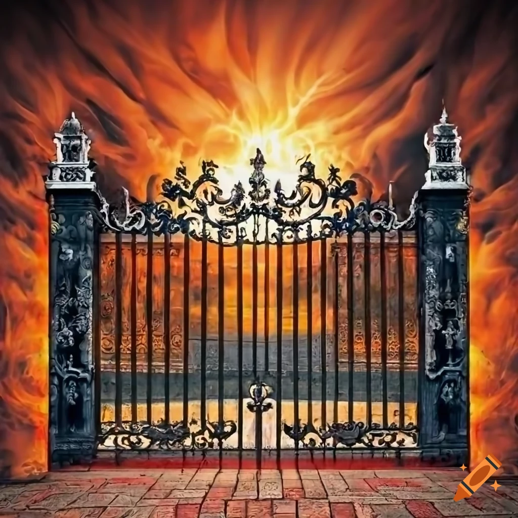 Ornate and menacing gates with a fiery background symbolizing entrance ...