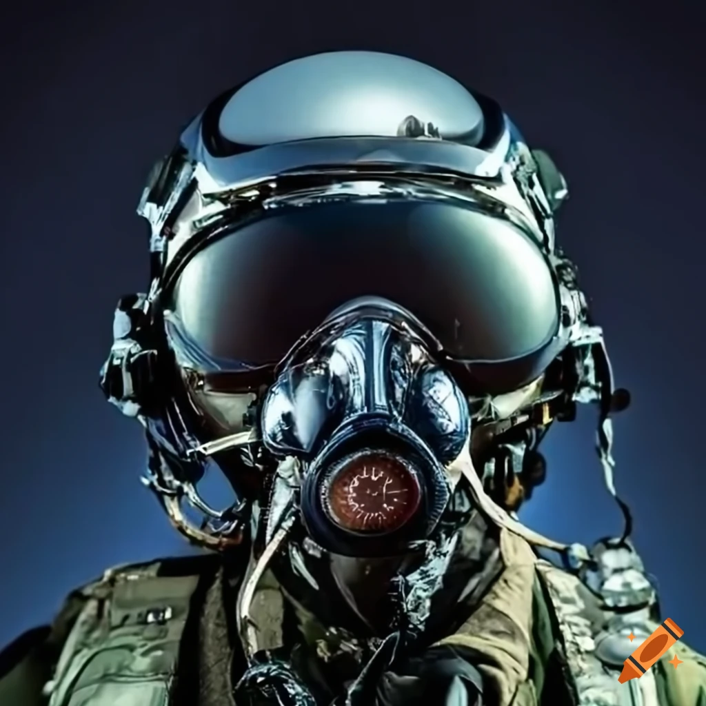 Close-up of f-16 pilot in cockpit with black clothes and helmet on Craiyon