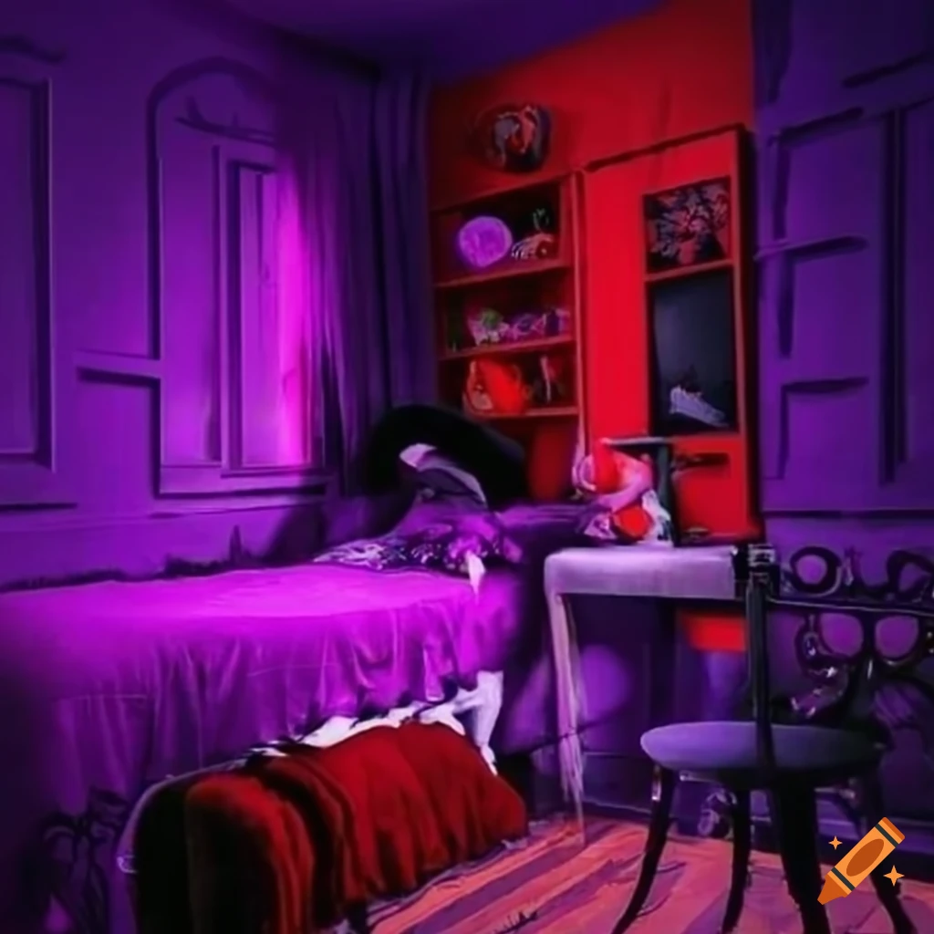 Purple and red girl bedroom with an emo aesthetic on Craiyon