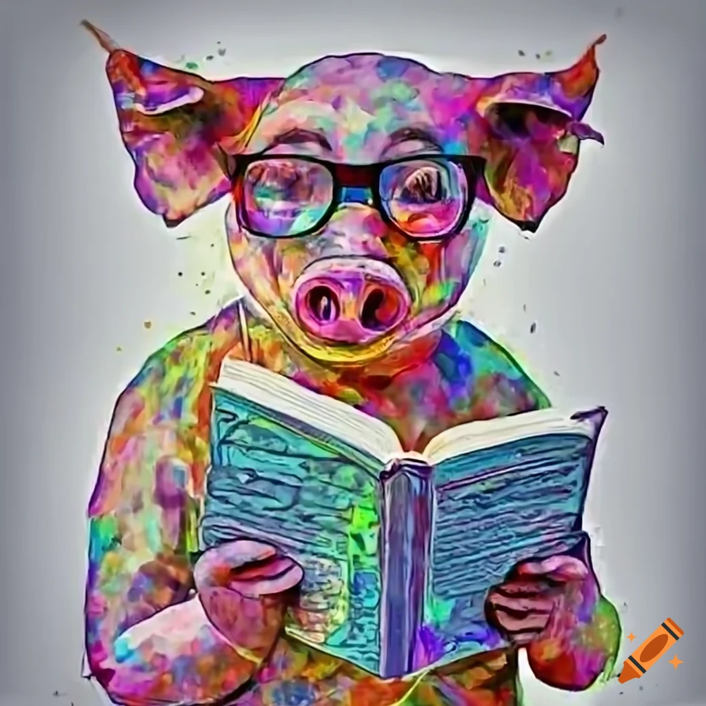 Intelligent pig wearing glasses and reading a book on Craiyon
