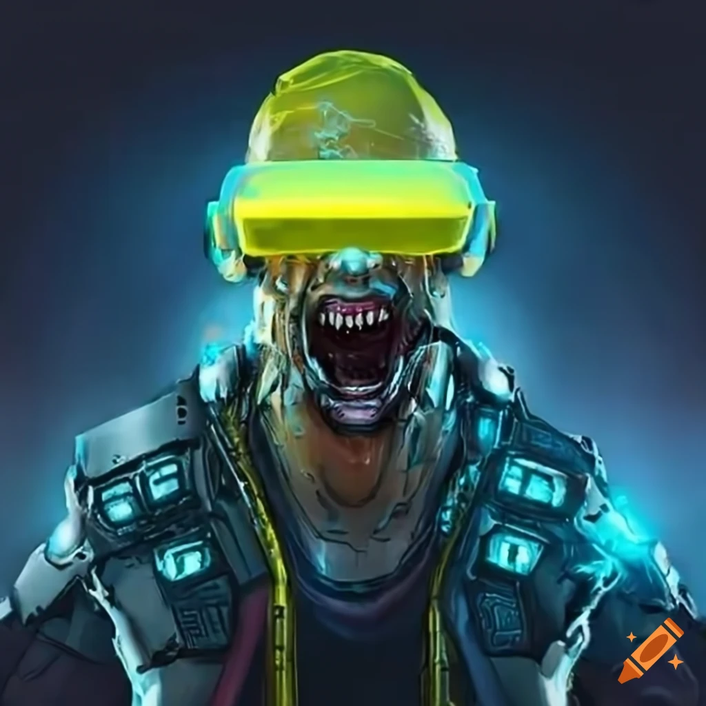 Angry cyberpunk cyborg with glowing yellow visor in attack mode on Craiyon