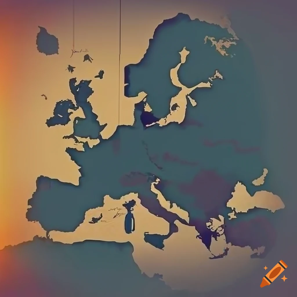 Ancient map of europe with sunset silhouette overlay in vintage style ...
