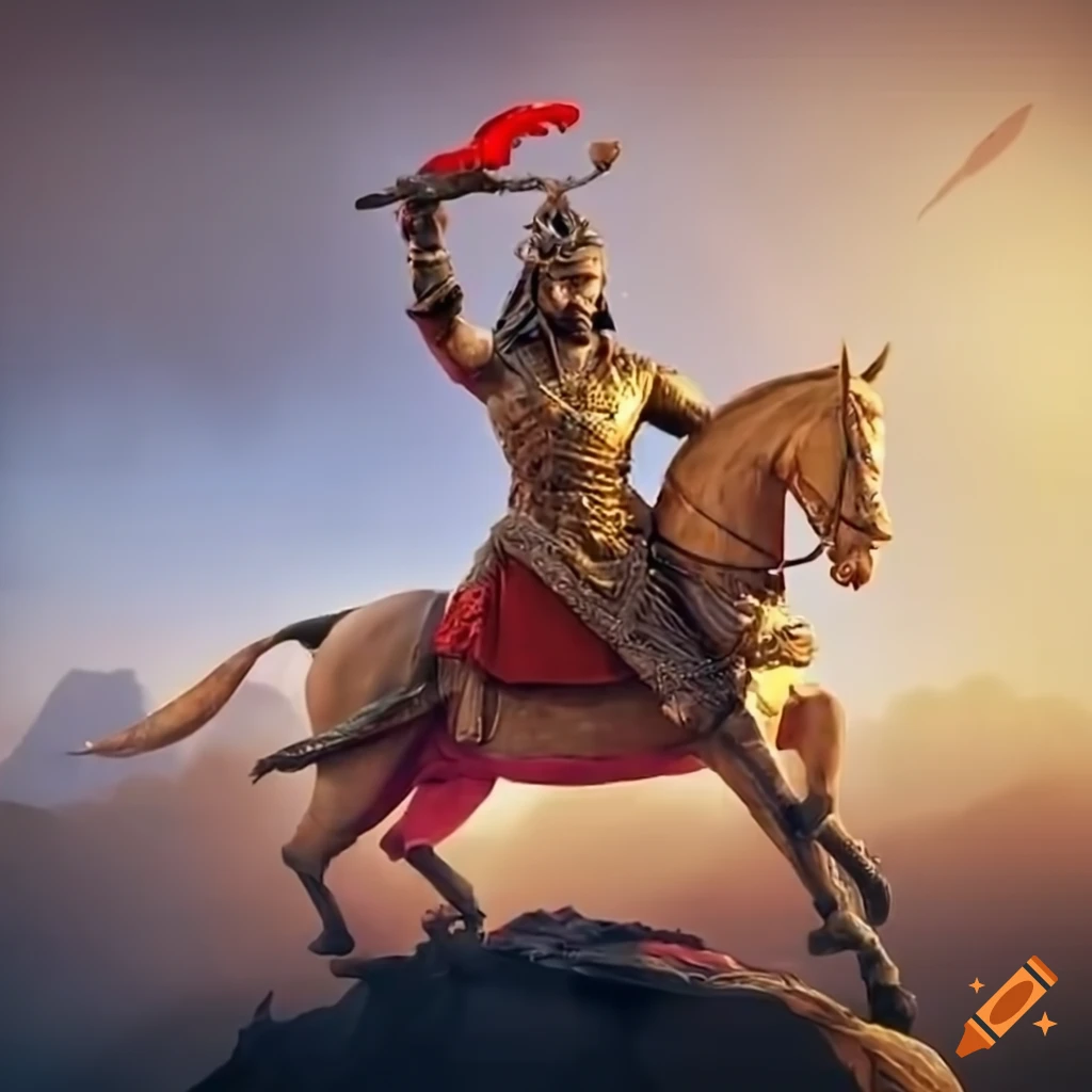 Courageous warrior on horseback in a battlefield with sword raised ...