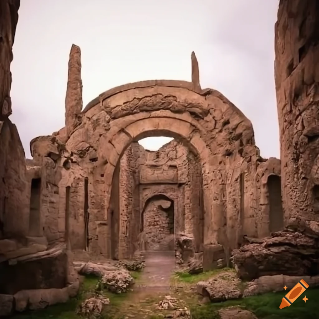 Ancient stone ruin building with carved animal decorations on Craiyon