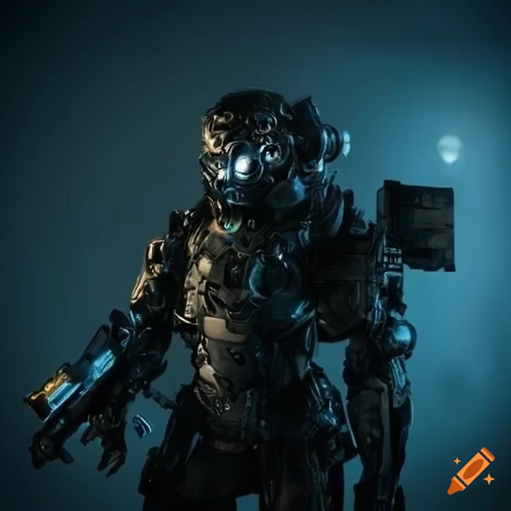 Highly-detailed cyborg soldier with heavy weapon in dark corridor on ...