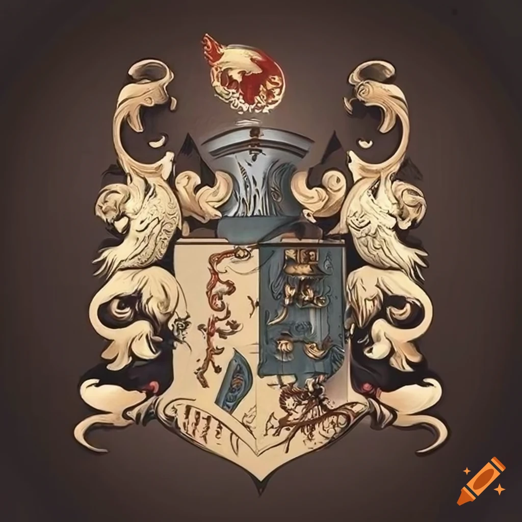 Captivating flack family crest with knights helm, sailing ship, raven ...