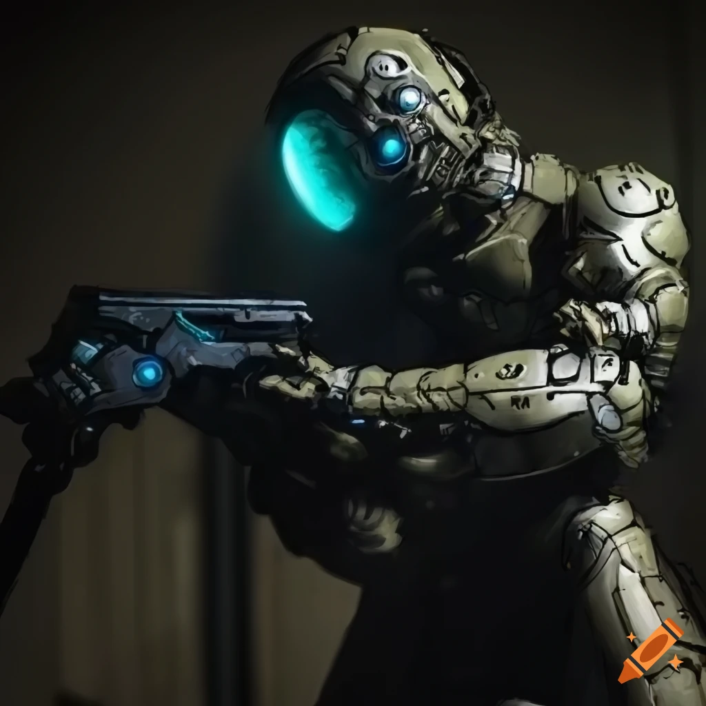 Highly-detailed cyborg soldier with heavy weapon in dimly-lit corridor ...