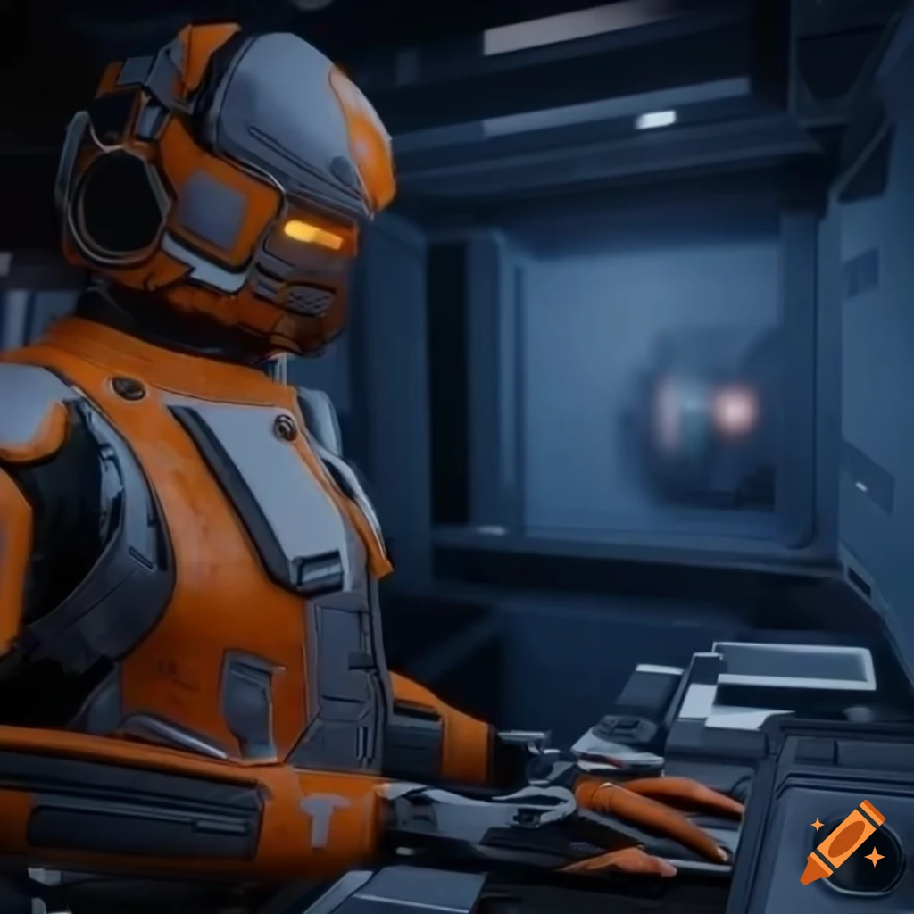 Sci-fi man in grey-orange jumpsuit in futuristic corridor with computer ...