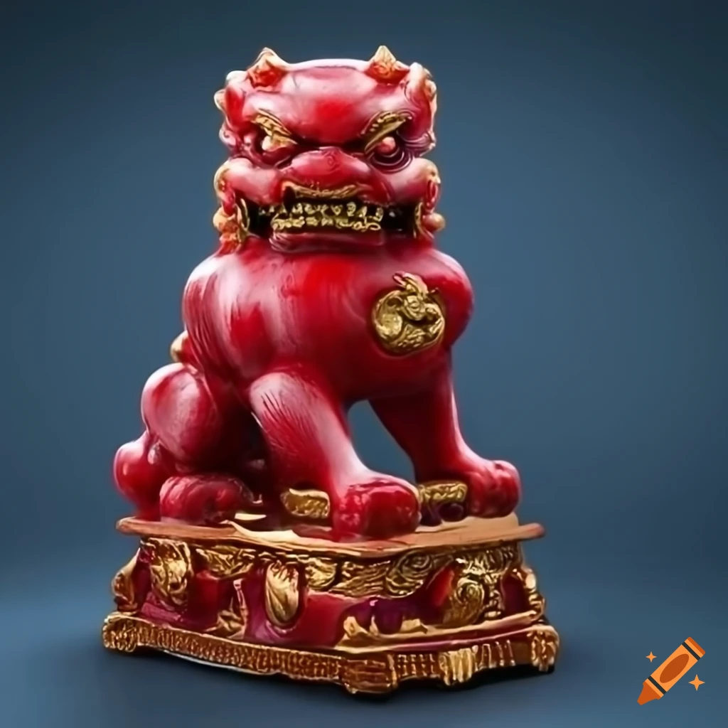 Chinese guardian lion foo dog pair in red, blue, and gold colors on Craiyon