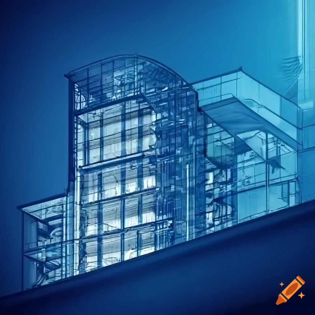 Blueprint of a modern building with mirrors on the roof reflecting the ...