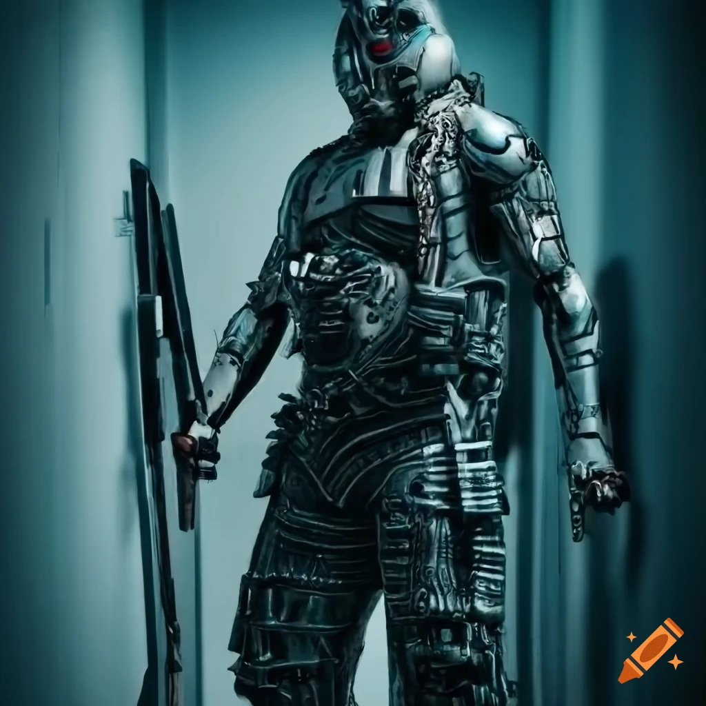 Cyborg special force men with shotguns in a Giger-style corridor on Craiyon