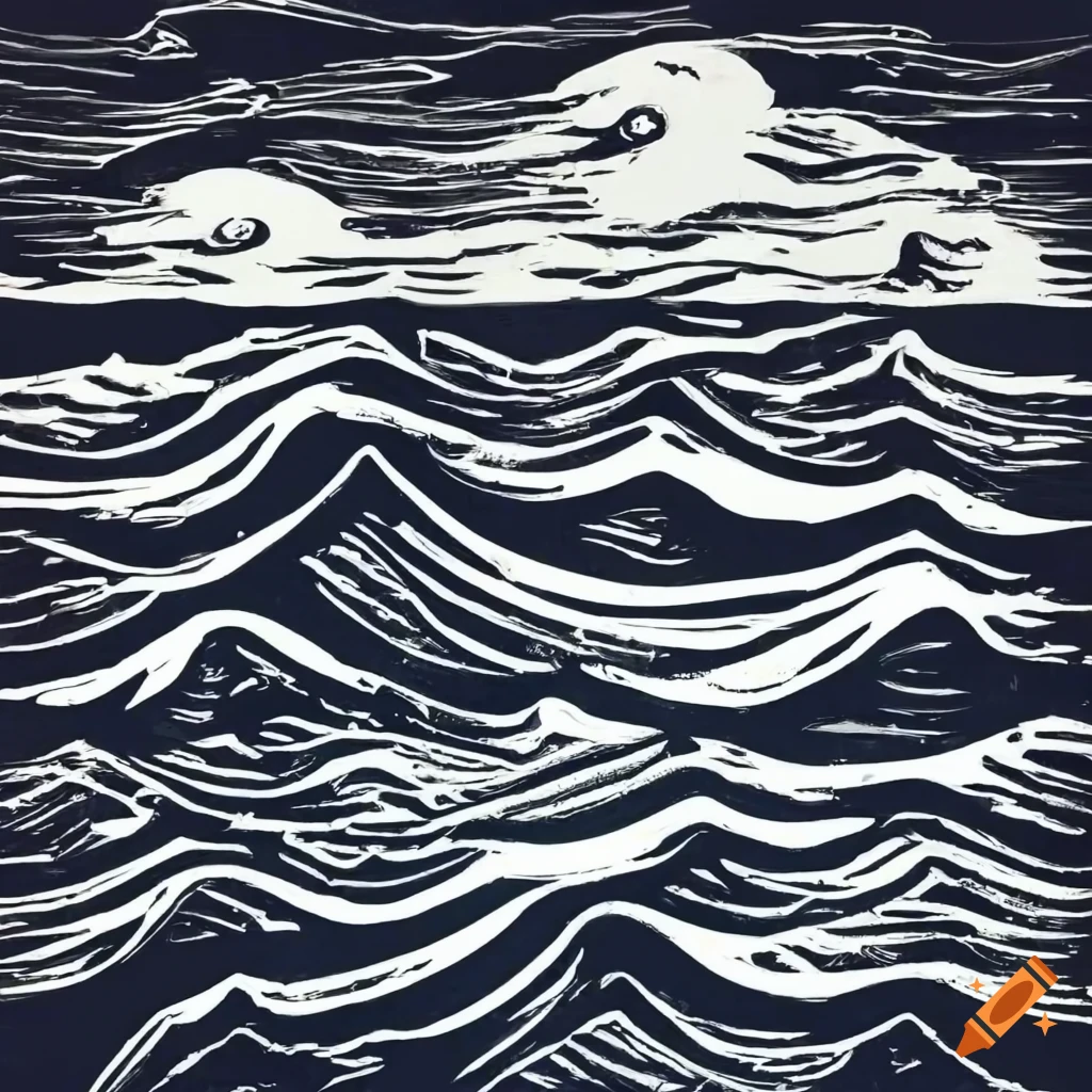 Ocean waves in black and white linocut style on Craiyon