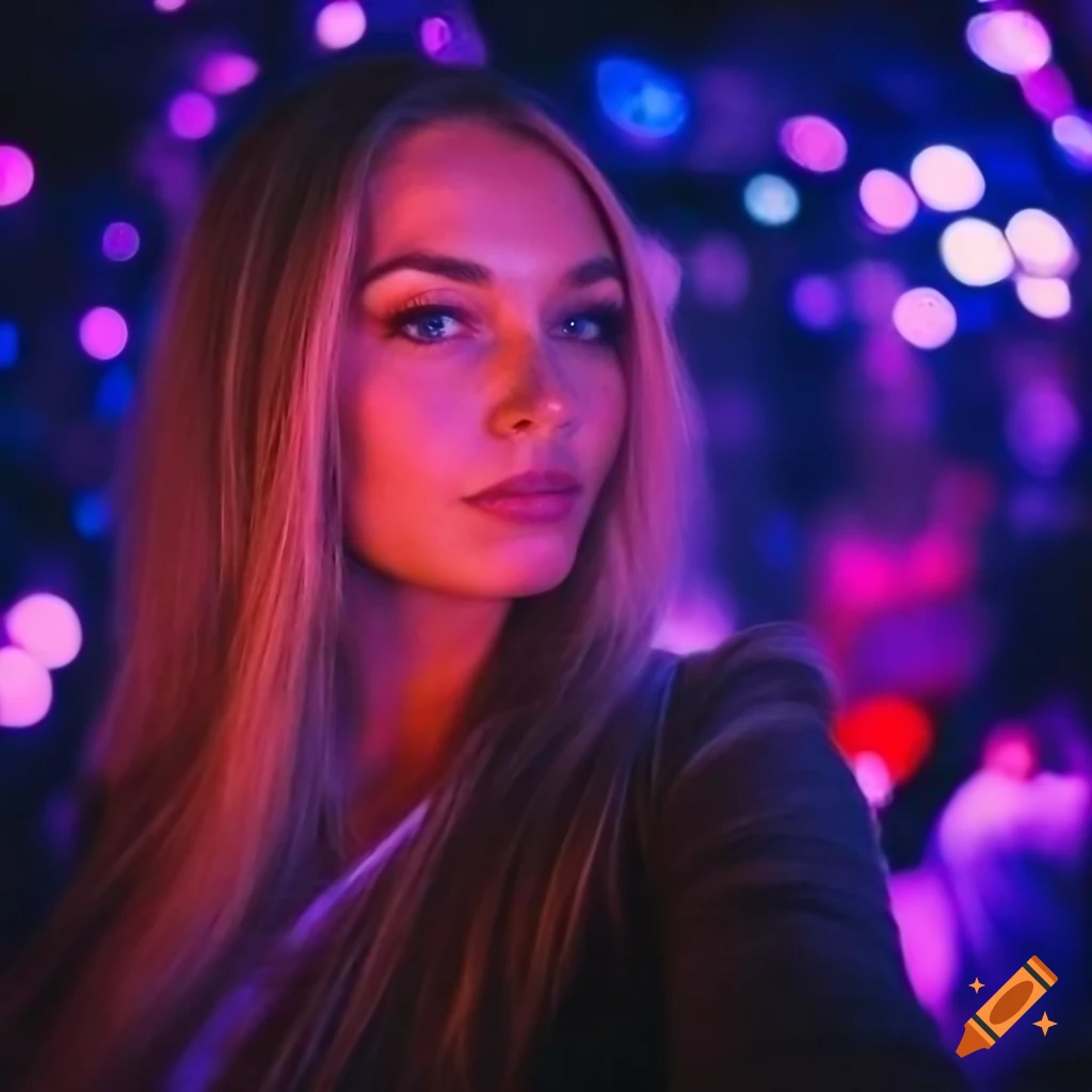 Blonde Scandinavian Woman Taking A Selfie At A Vivid Nightclub On Craiyon