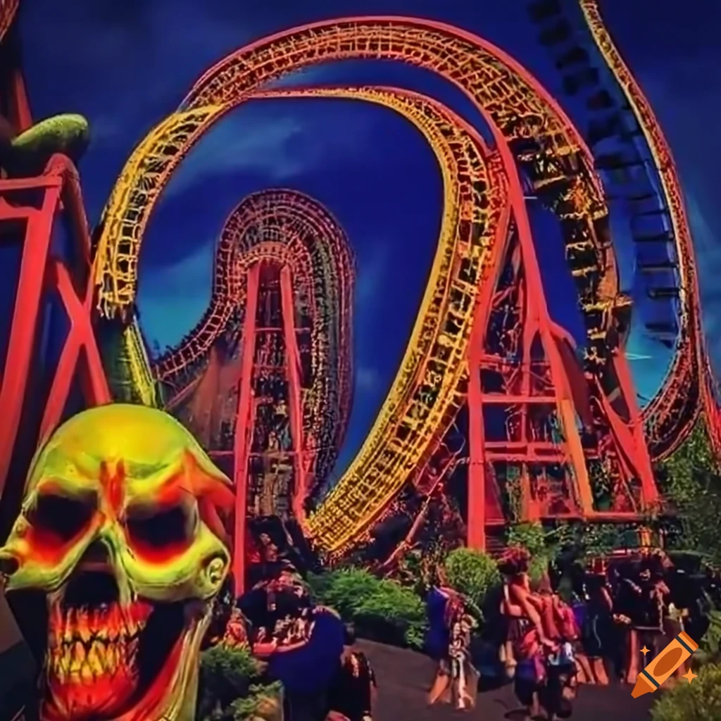 Surreal horror-themed amusement park with endless rides and rainbow colors on Craiyon