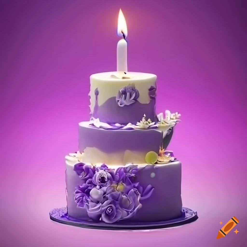 Purple birthday cake with fresh flowers and lit candles on Craiyon