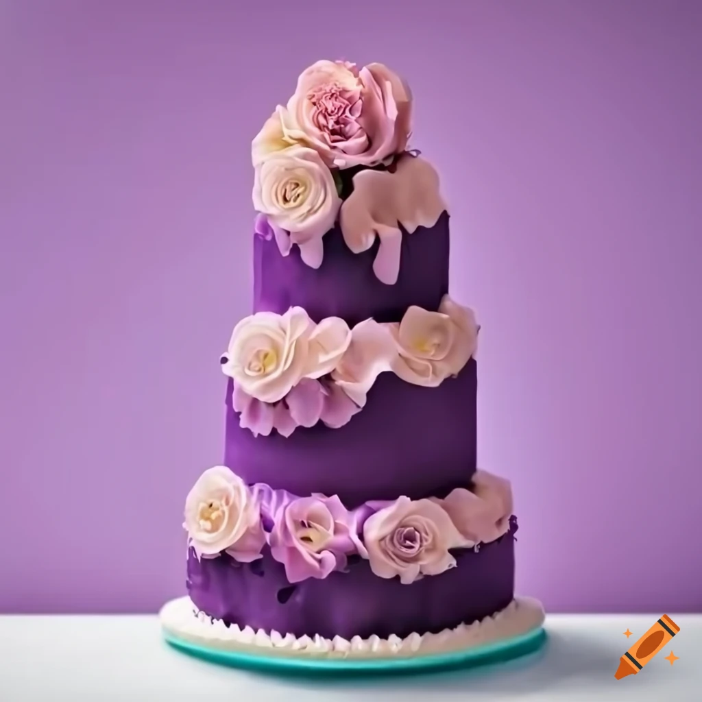 Exquisite purple buttercream iced cake with realistic flowers on Craiyon