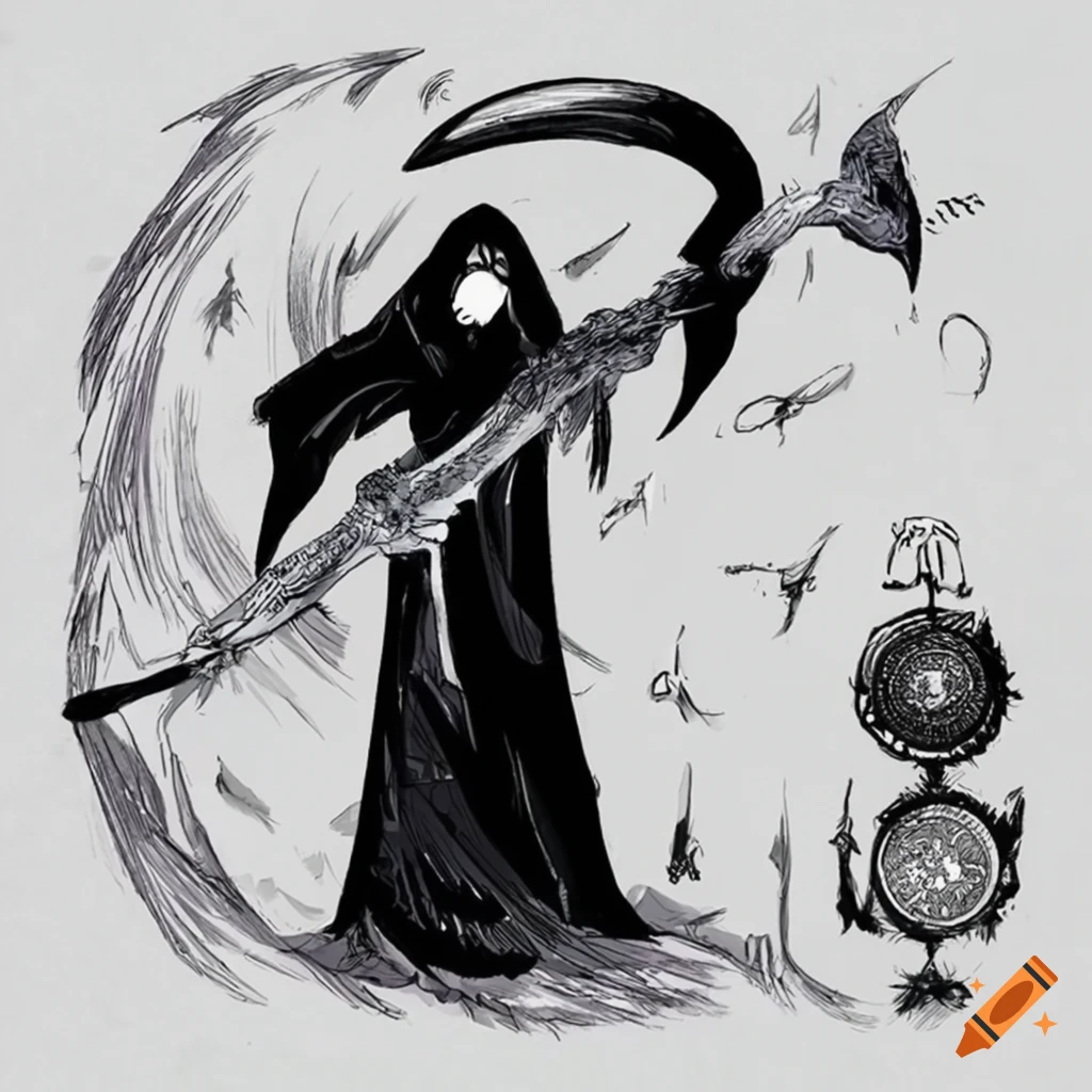 Reaper with watch and bird in purple mist, anime style on Craiyon