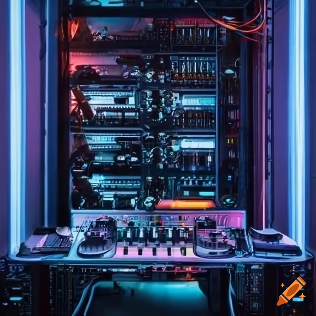 Creative dj setup in a server room on Craiyon