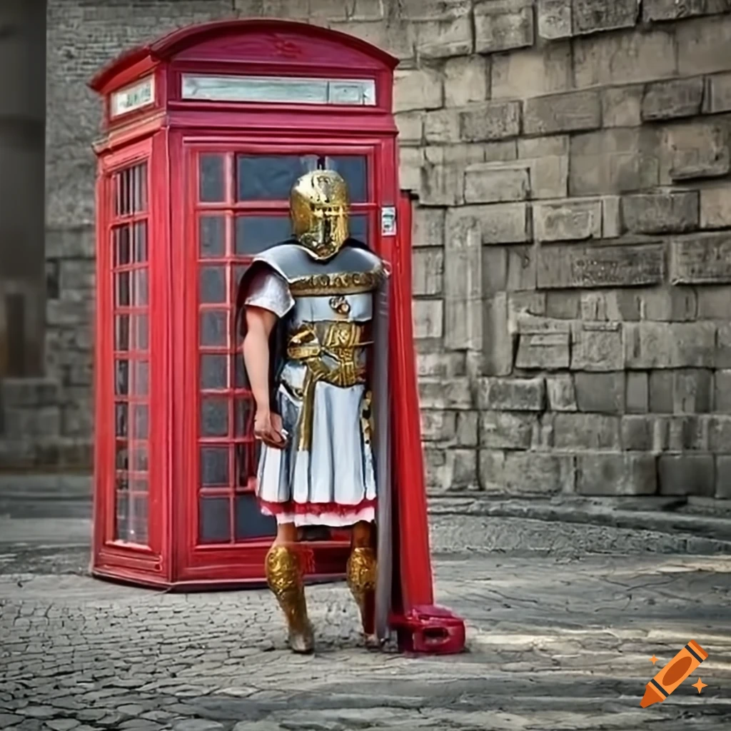 Female roman soldier standing guard outside a phone box on Craiyon