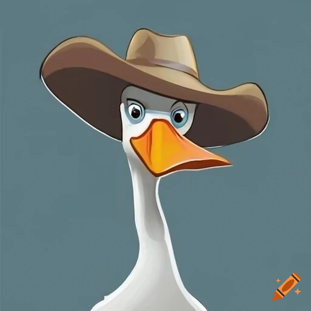 Humorous cartoon goose with a wide-brimmed cowboy hat on Craiyon