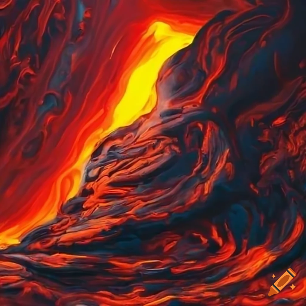 Lava flowing through rocks in a painting on Craiyon