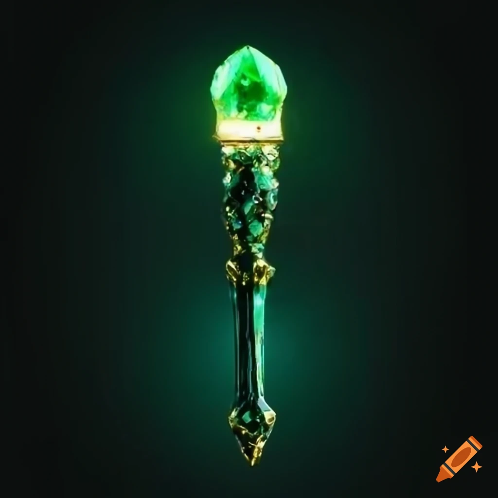 Ornate scepter with glowing green crystal on Craiyon
